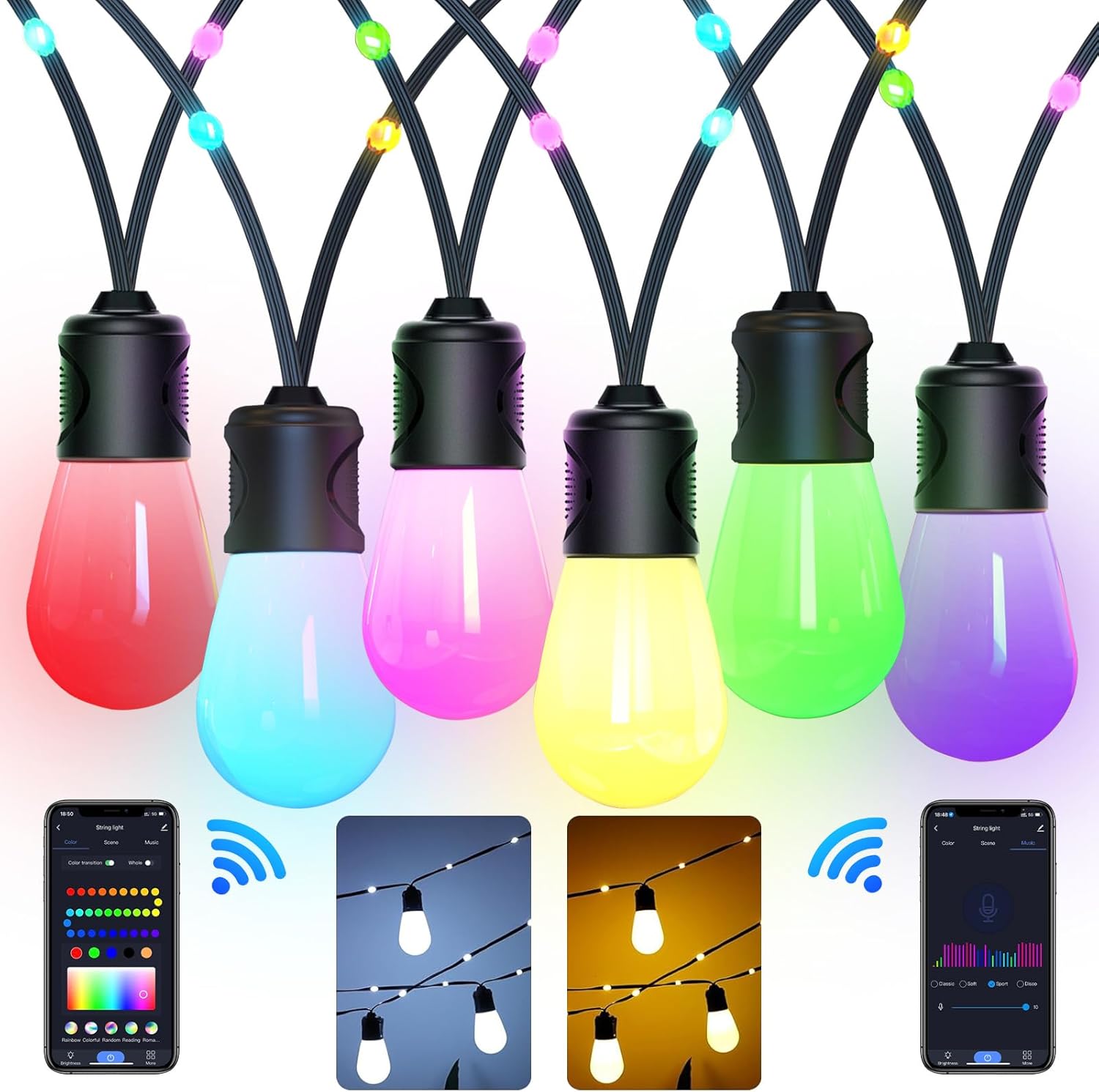 Nopoor Smart Outdoor String Lights, 50ft RGB Warm White LED Bulbs, WiFi ...