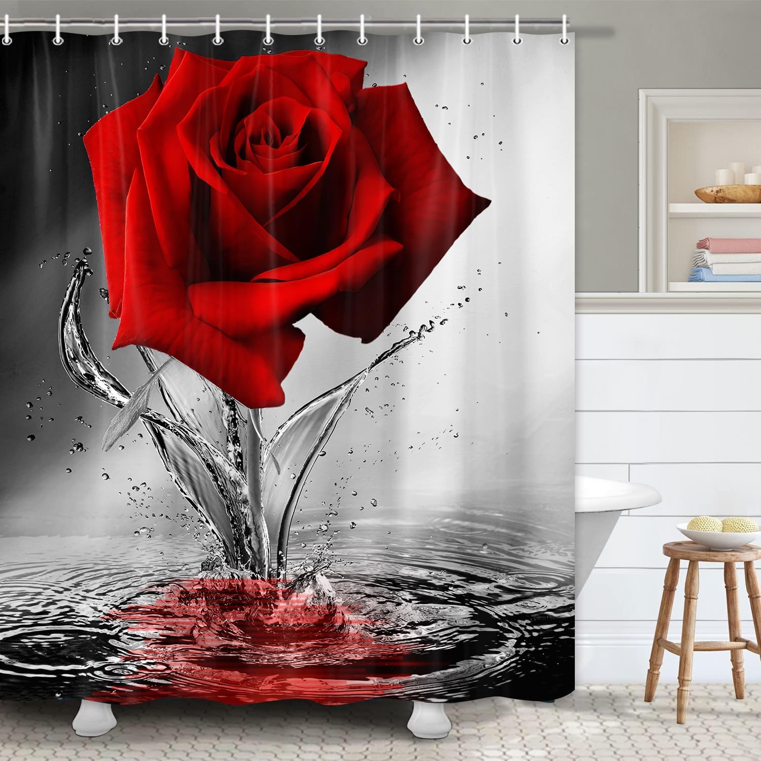Amazon.com: JAWO Rose Shower Curtain, Romantic Floral Blossom Red Rose ...