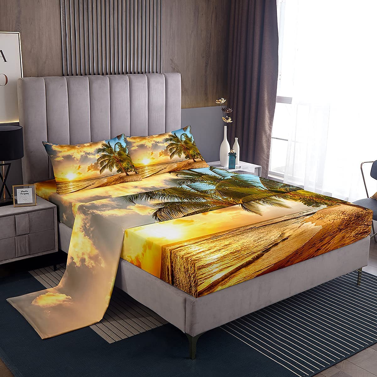 Amazon.com: Ocean Sheet Set,Beach Themed Bedding Set Sunset Palm Tree ...