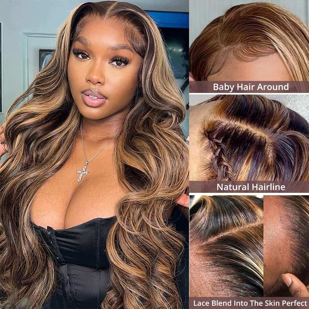 Buy 360 Highlight Ombre Lace Front Wigs Human Hair Pre Plucked Honey Blonde Body Wave Lace Front ...
