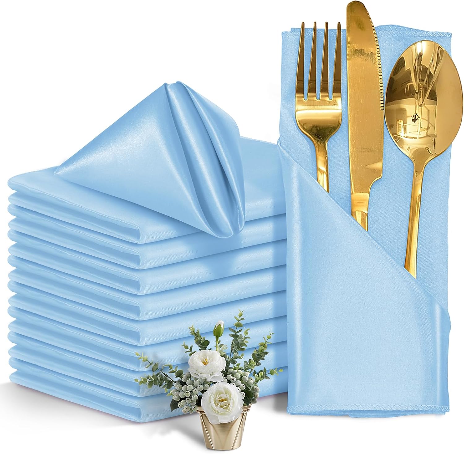 Amazon.com: Eychei 50 Pieces Light Blue Satin Napkins, 17" x 17" Square ...
