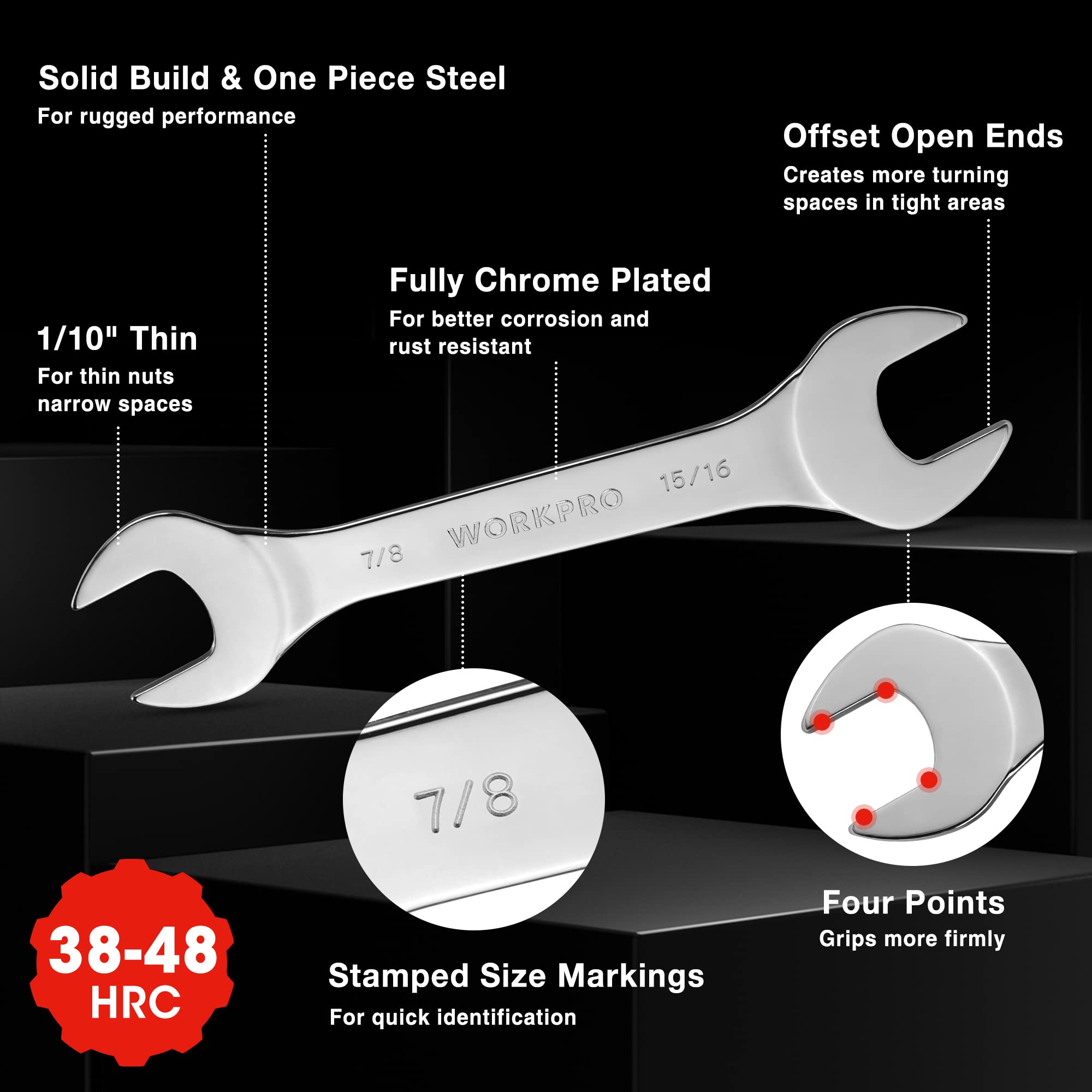 pinko SAE Super-Thin Open End Wrench Roll-up Set, 7PCS, 1/4" to 1-1/16 ...