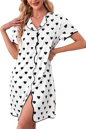 GORGLITTER Women's Heart Print Button Front Nightdress Short Sleeve ...