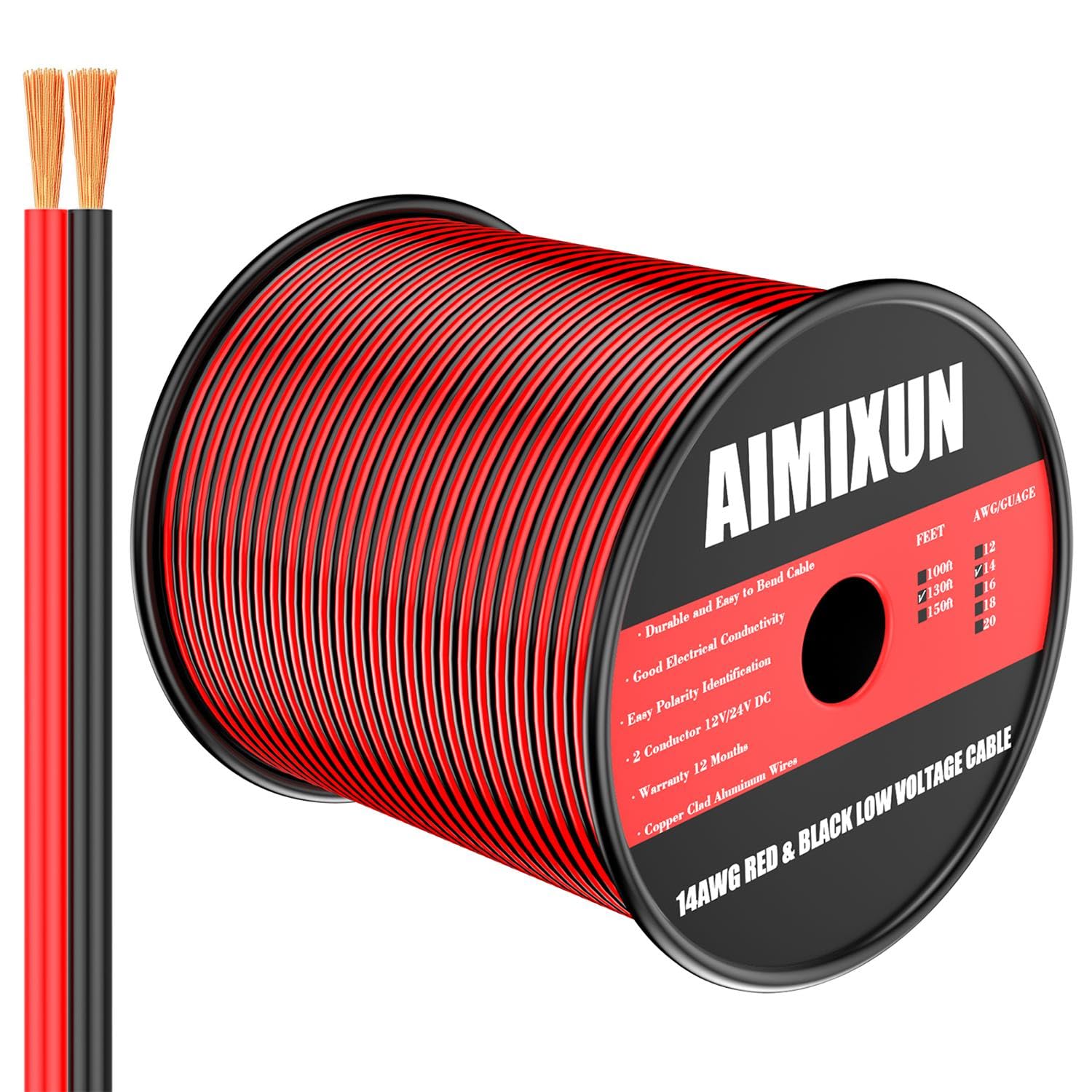 AIMIXUN 14 Gauge Wire Electrical 130FT, Red and Black Cable 12V 14AWG 2 ...