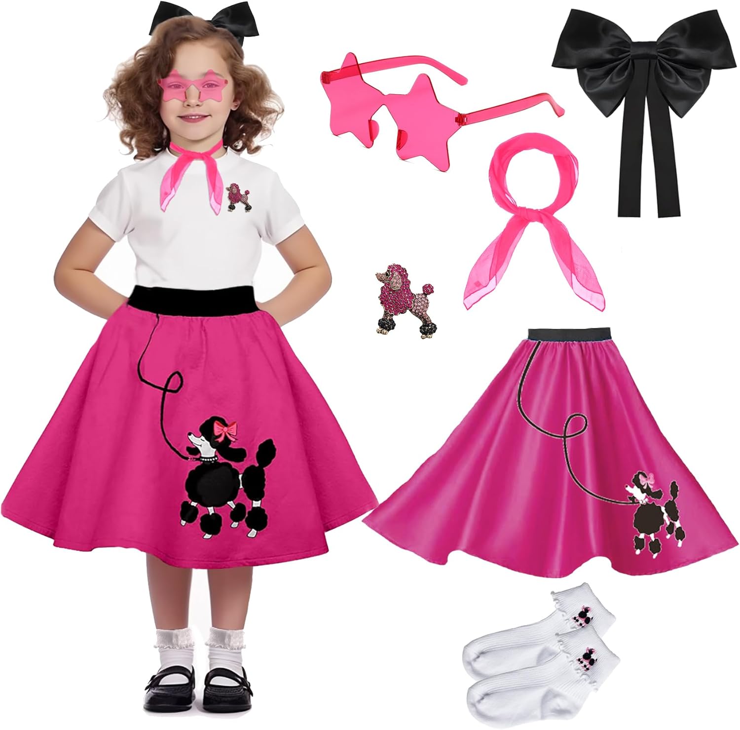 Amazon.com: 50s Girls Poodle Skirt Kids Sock Hop Outfit, Decades Day ...