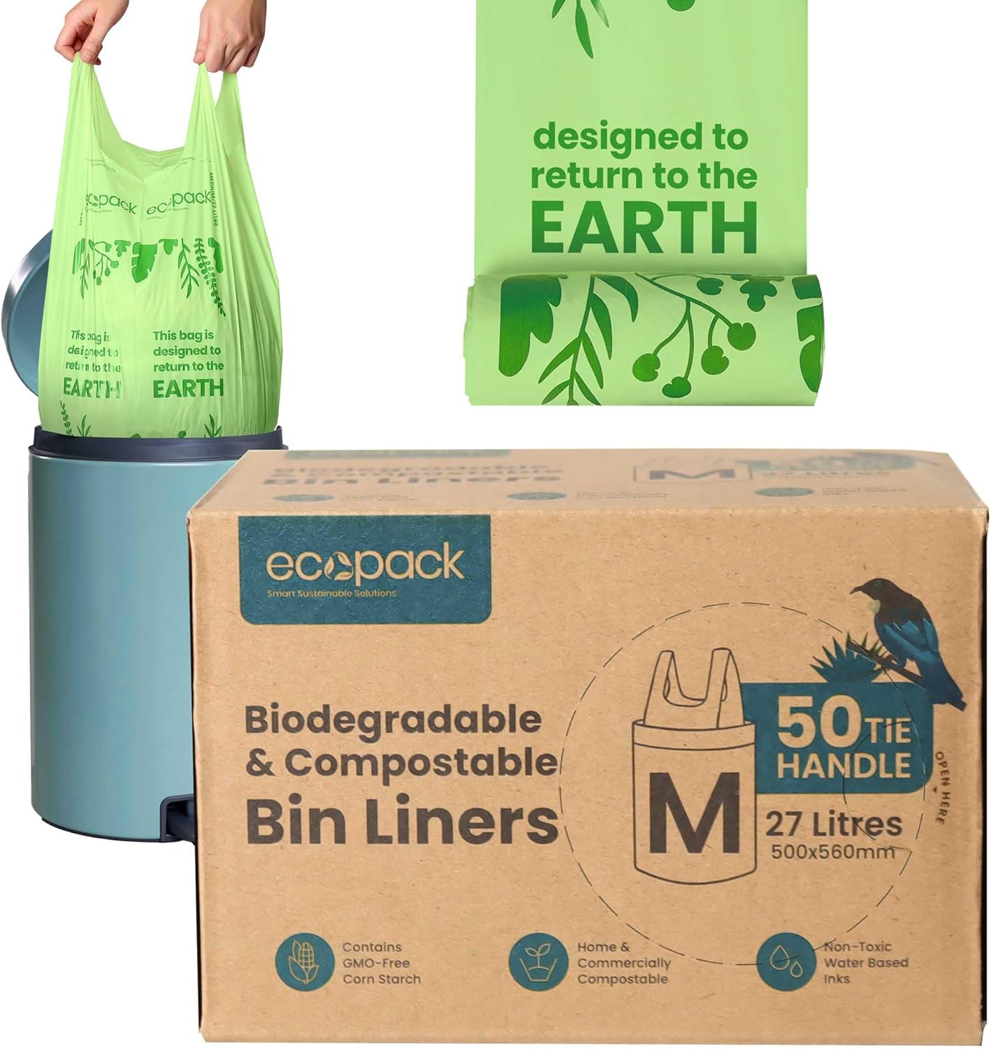 Ecopack 27L Medium Compostable Bin Bags in Dispenser Box(50 Bags ...