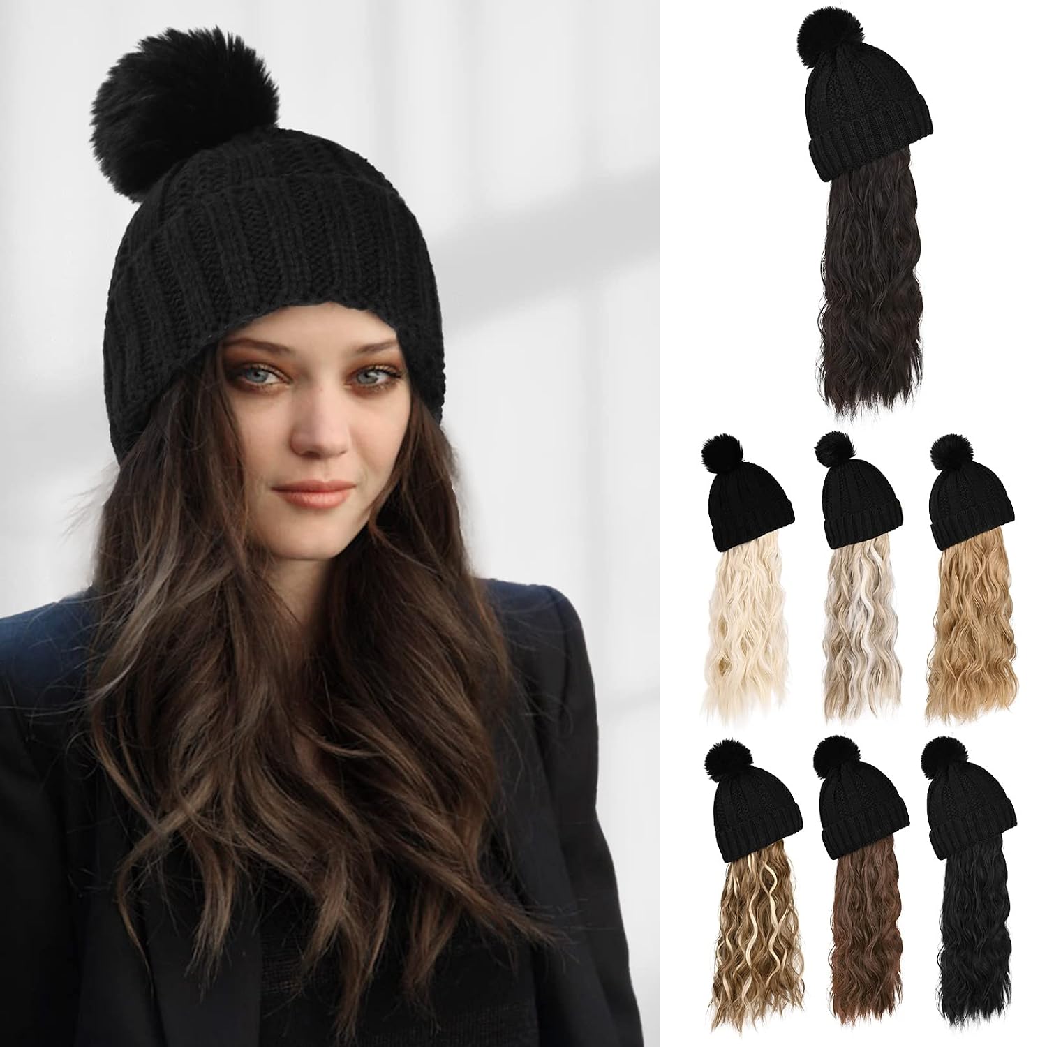 Amazon.com : Flufymooz Beanie Wig, Hat Hair Extension Long Wavy Curly ...