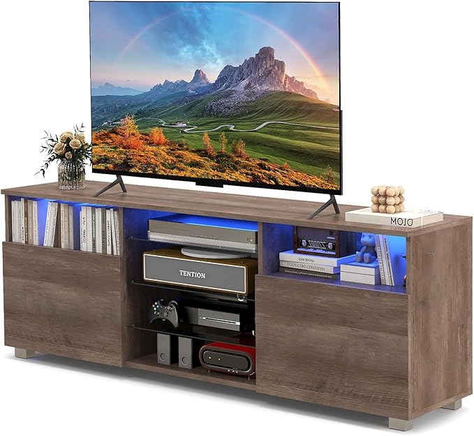 COSTWAY LED TV Stand Cabinet for 65 inch TVs, Wooden Entertainment ...