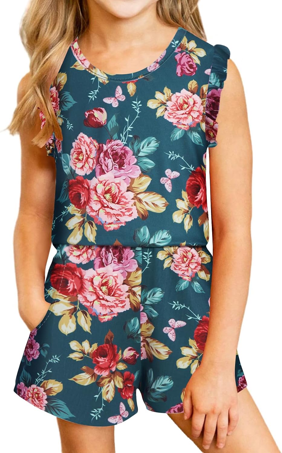 Amazon.com: Kimoda Girls Flower Rompers Size 6 7 Ruffle Sleeve Floral ...