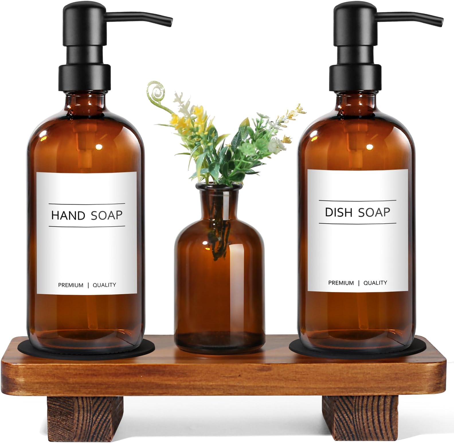 Amazon.com: Kitchen Soap Dispenser Set with Wood Riser Tray, Amber ...