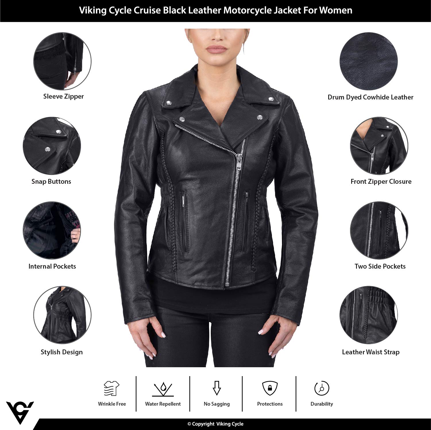 Snapklik.com : Viking Cycle Classic Cruise Cowhide Motorcycle Leather Biker Jacket For Women