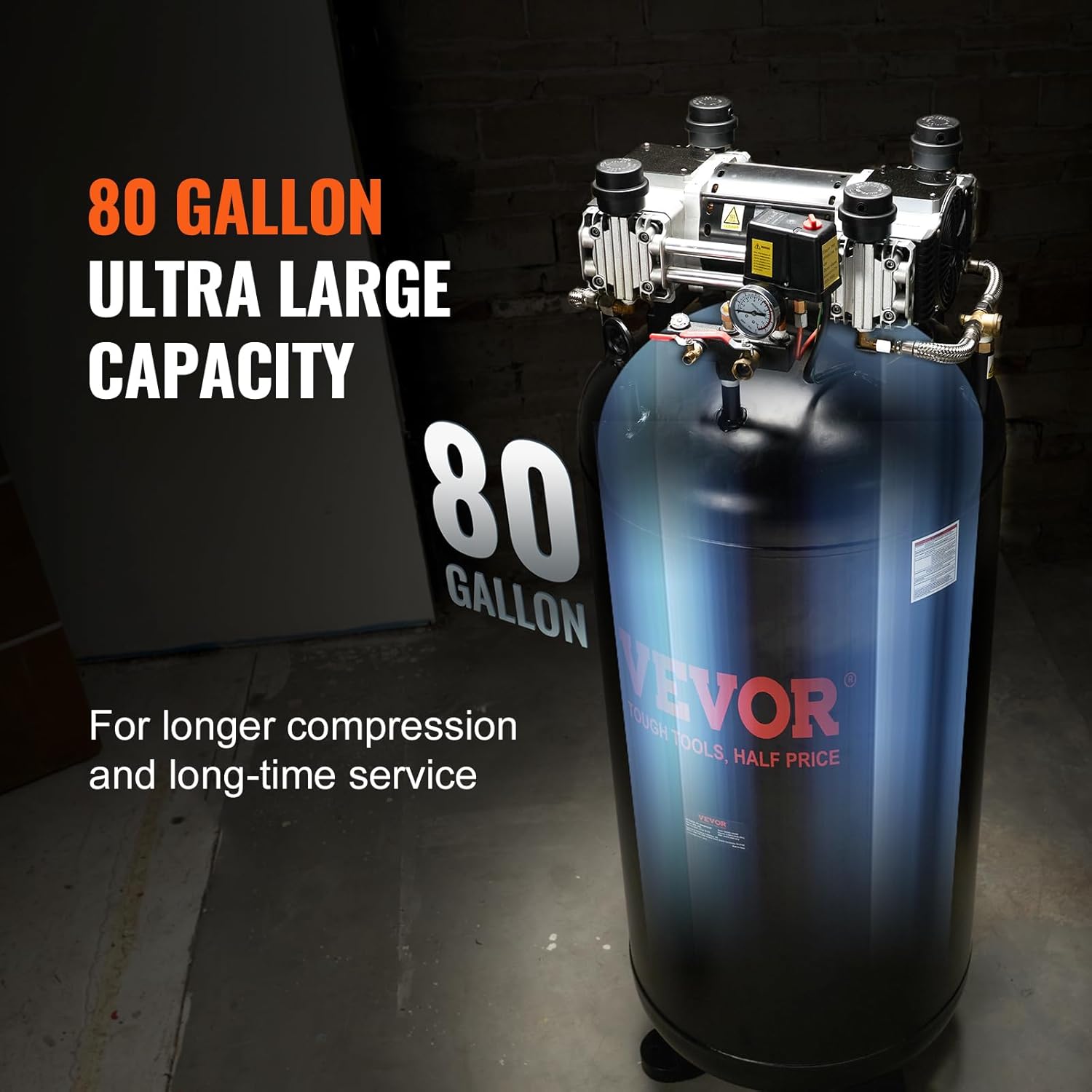VEVOR 80 Gallon Air Compressor, 6.5HP 15.5SCFM@90 PSI, 2-Stage 145PSI ...