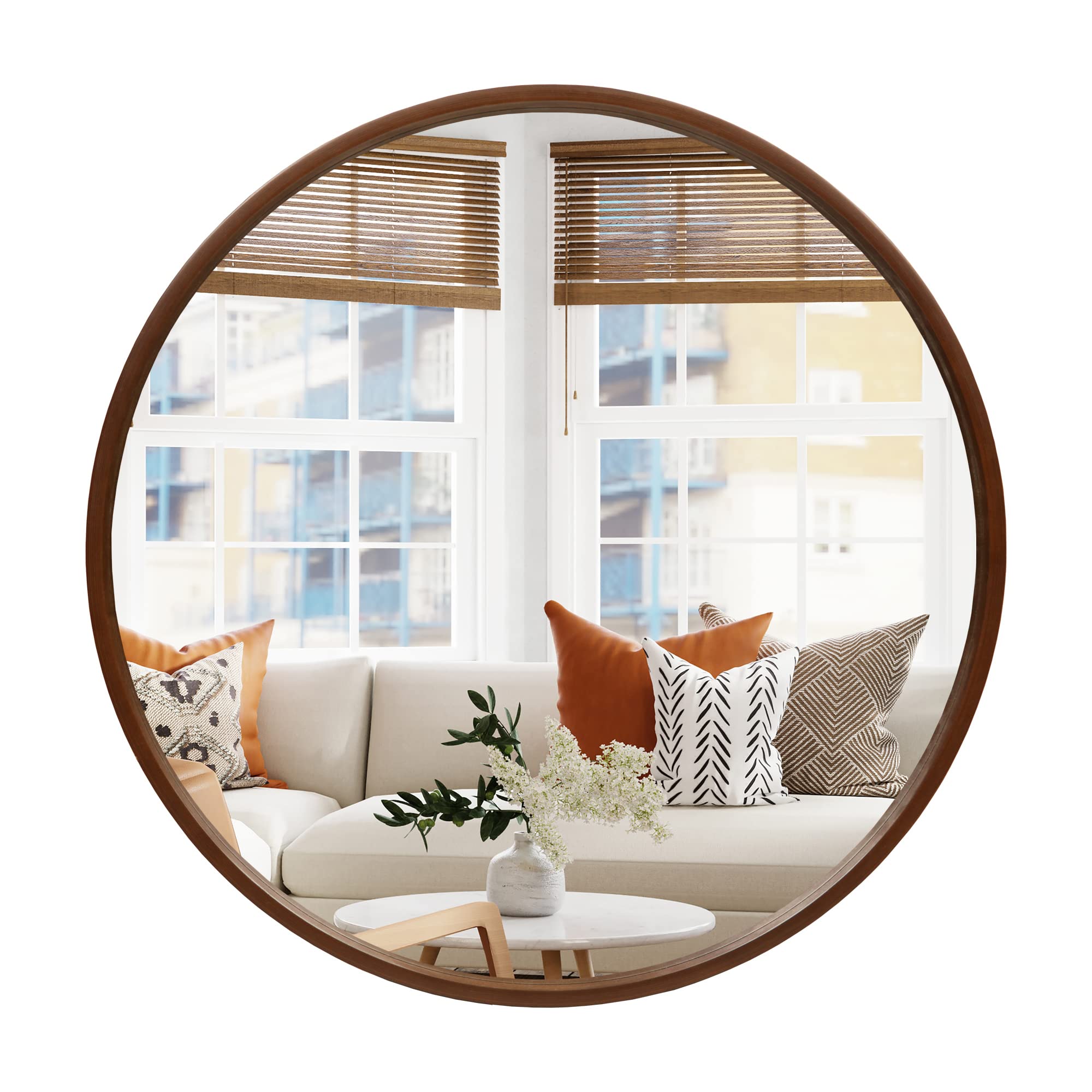 WallBeyond Round Mirror with Wood Frame 24 inch Circle Wall Mirror for ...