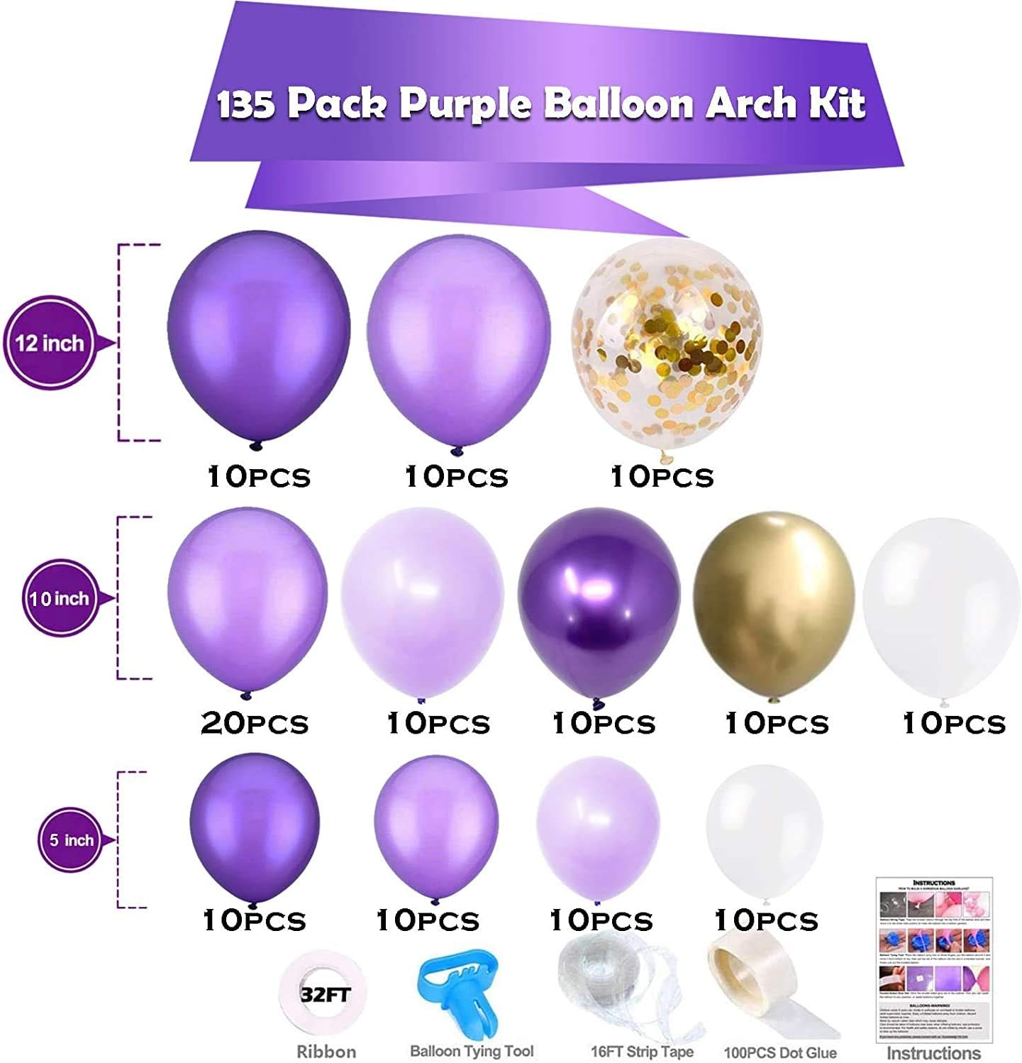 GuassLee 135 Pieces Purple Gold Balloon Arch Garland Kit, Purple Gold ...