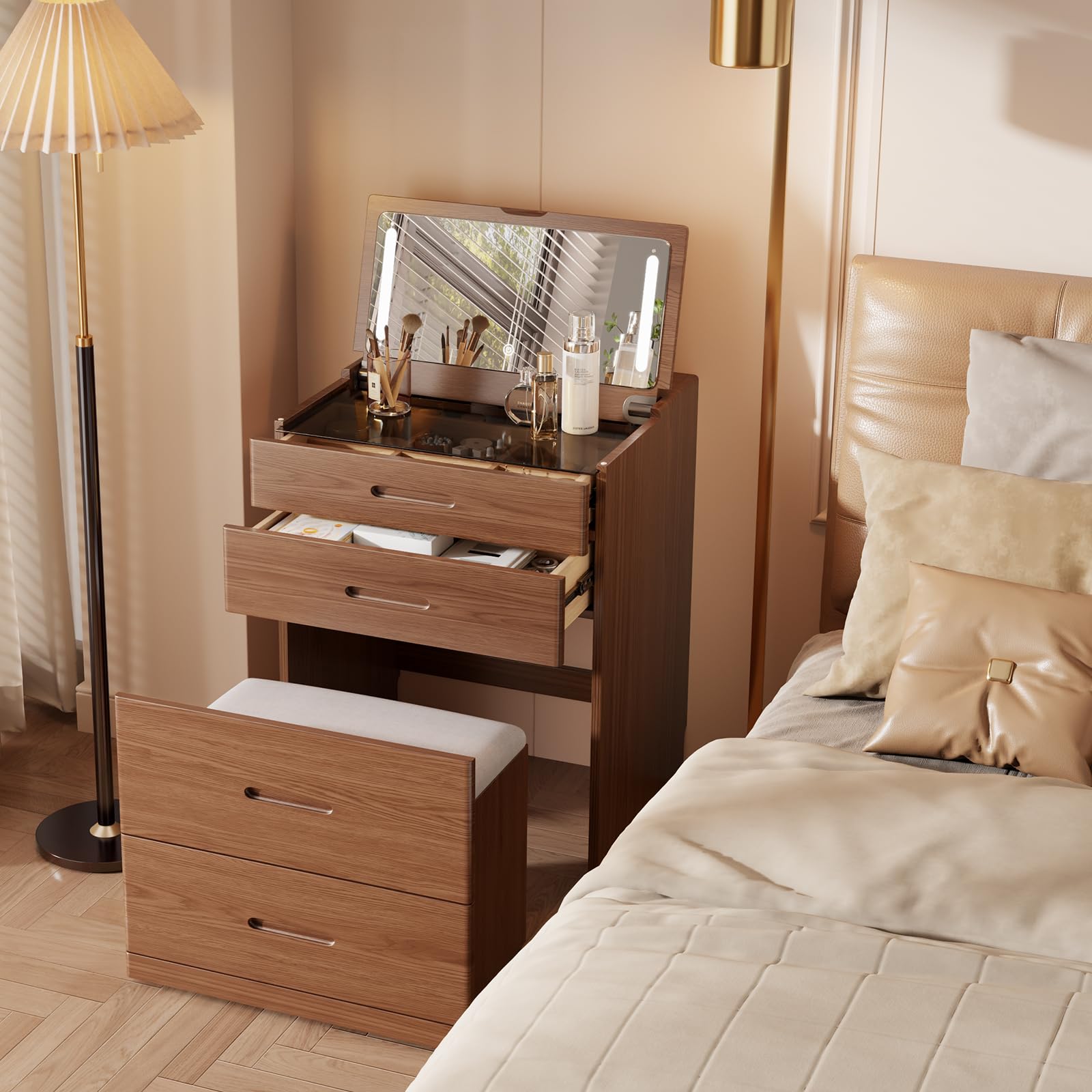 Amazon.com: 3 In1 Soild Wood Vanity Compact Desk With Mirror And Lights ...