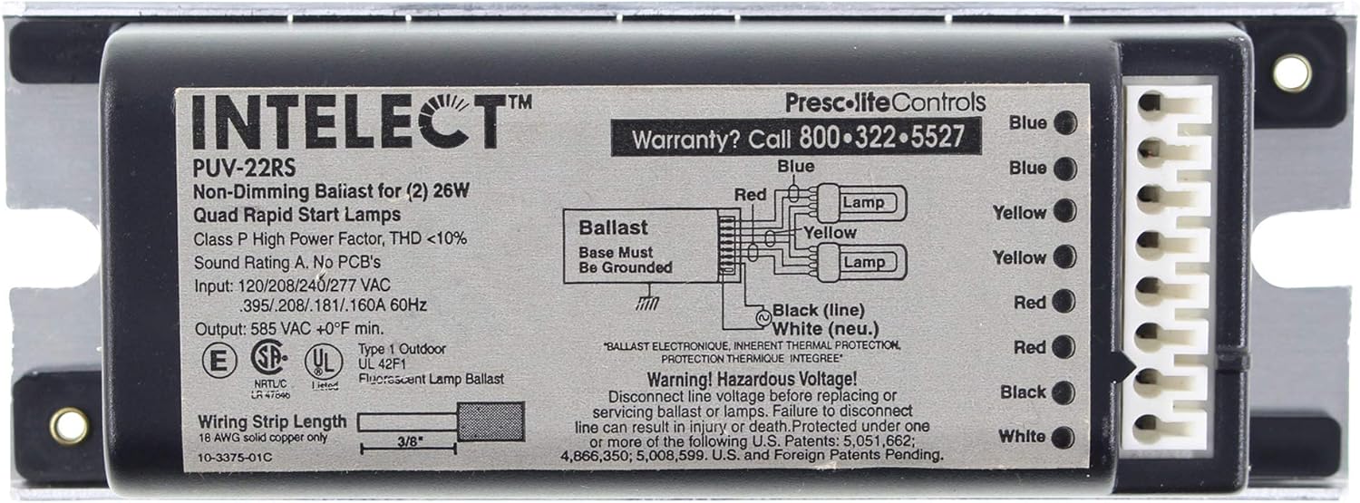 Intelect PUV-22RS Fluorescent Ballast, 2-Lamp, 26W Quad CFL, 120/208 ...