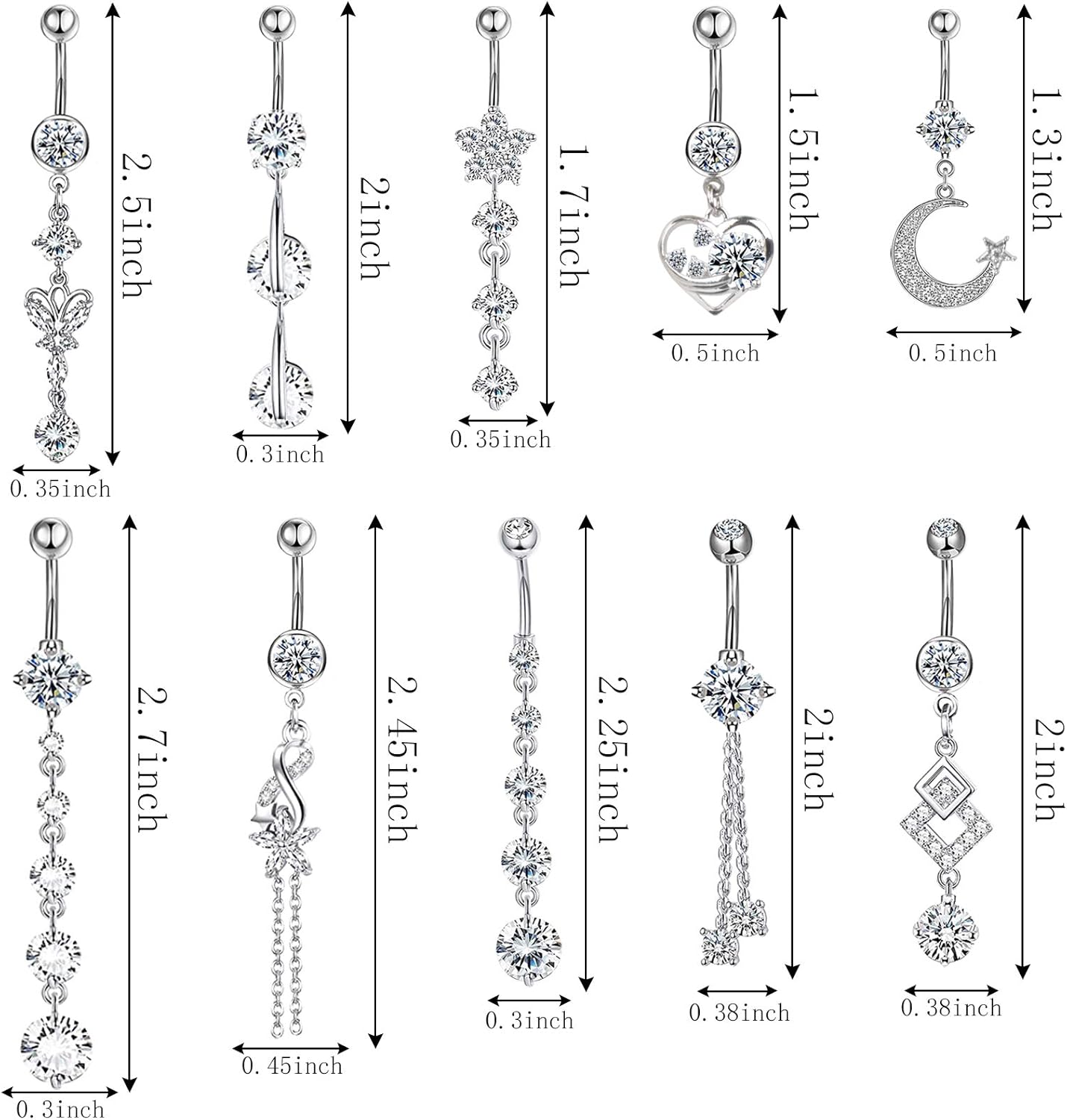 NEWITIN 10 Pieces 14G Belly Button Rings Dangle 316L Surgical Steel ...