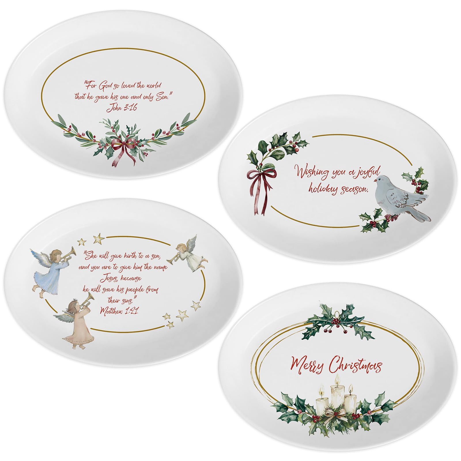 VIYNRAN 4-Piece 10-Inch Christmas Melamine Oval Plate Set, Festive ...