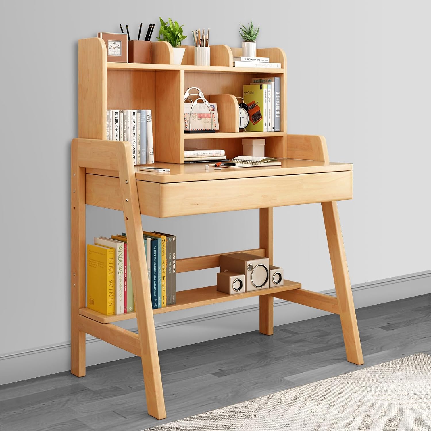 Kids Table with Drawer Bookshelf - Solid Rubber Wood Desk for Kids ...