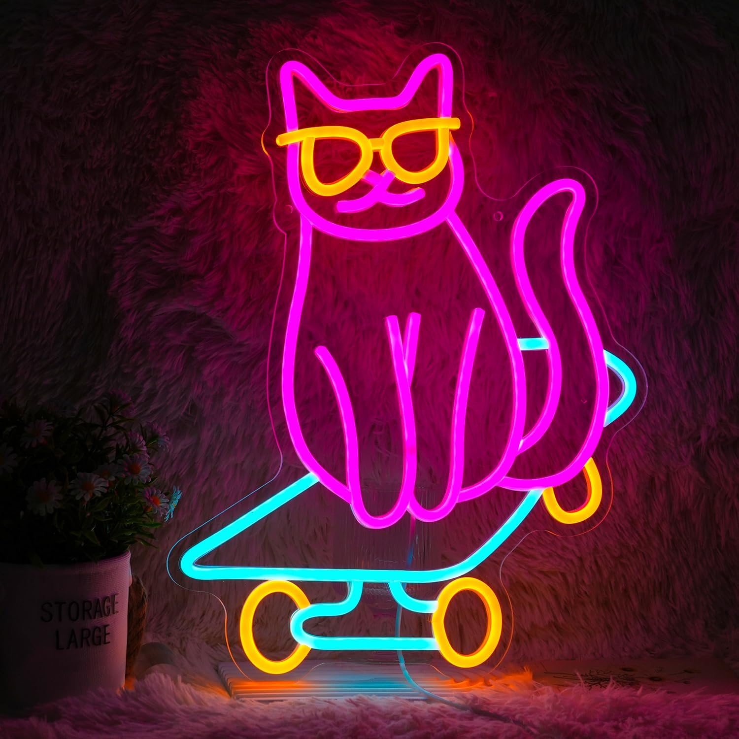 Amazon.com : Skateboard Cat Neon Sign Cute Glasses Cat LED Neon Light ...