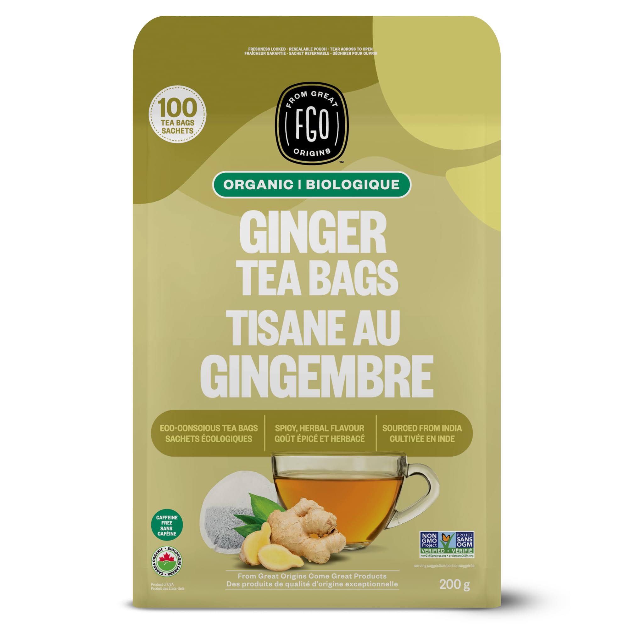 FGO Organic Ginger Tea, Eco-Conscious Tea Bags, 100 Count, Packaging ...