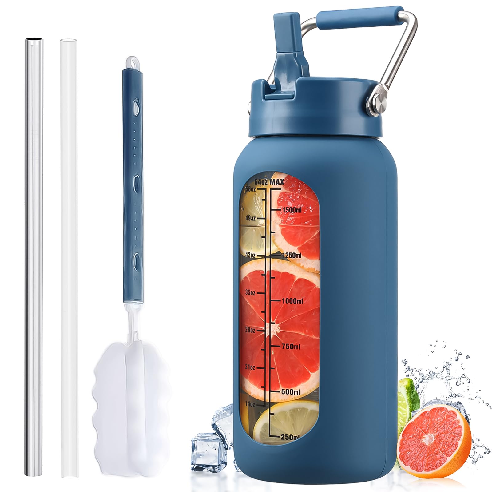 64 oz Glass Water Bottle with Time Marker, Half Gallon Water Bottle ...