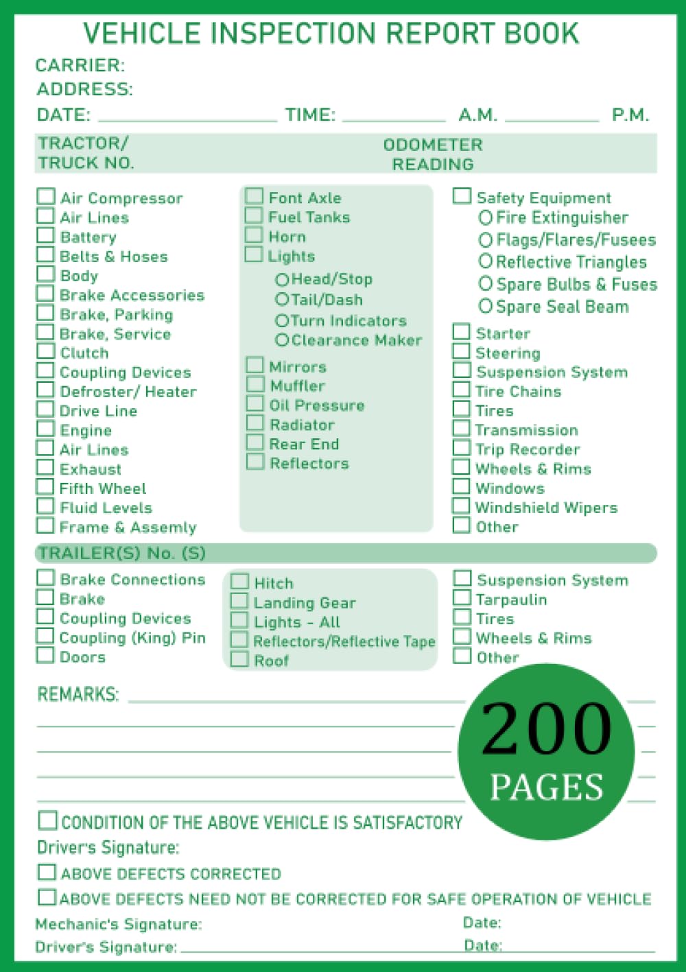 Driver's Daily Vehicle Inspection Report Book: Detailed Pre-Trip ...