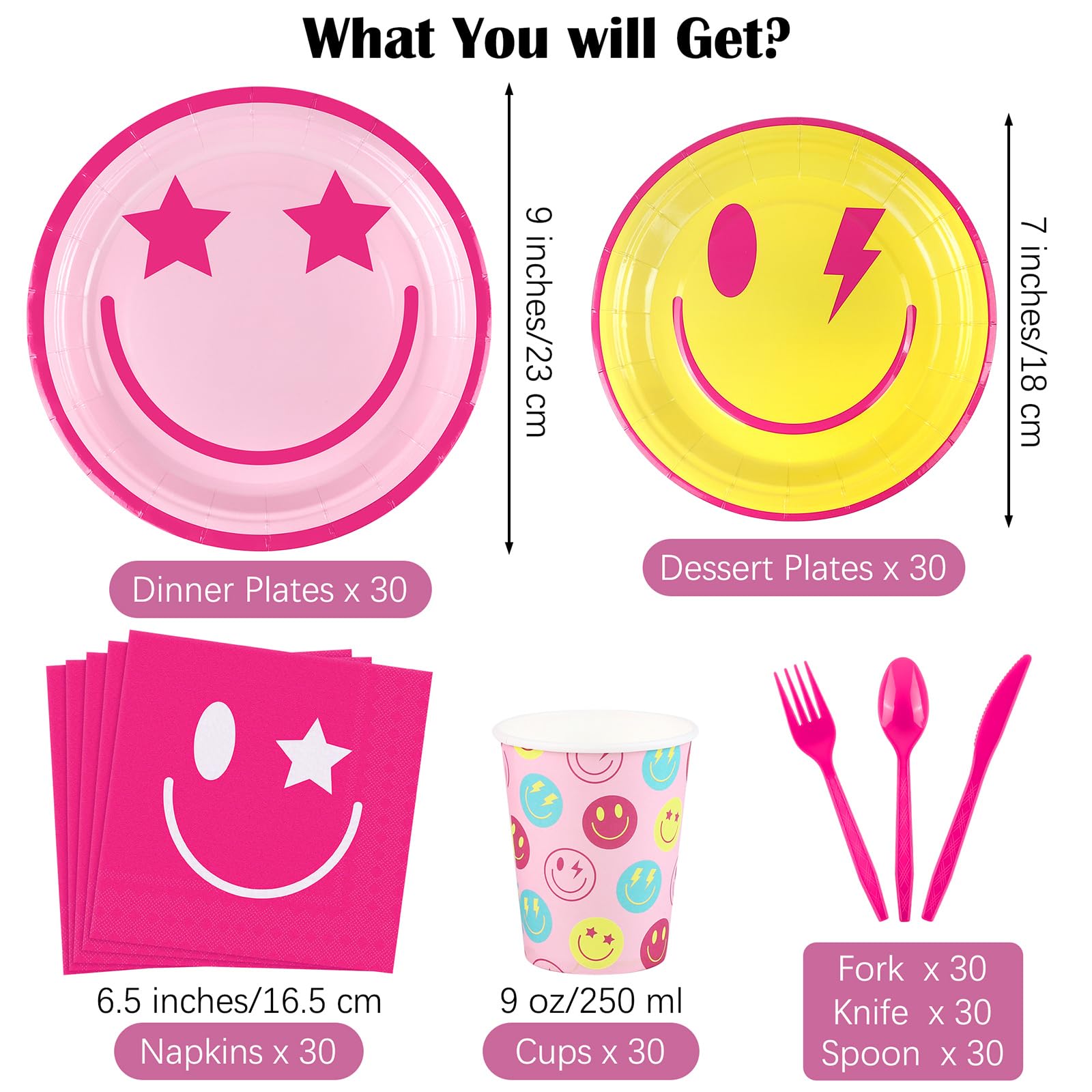Snapklik.com : Durony 210 Pieces Preppy Smiley Face Party Tableware Set ...