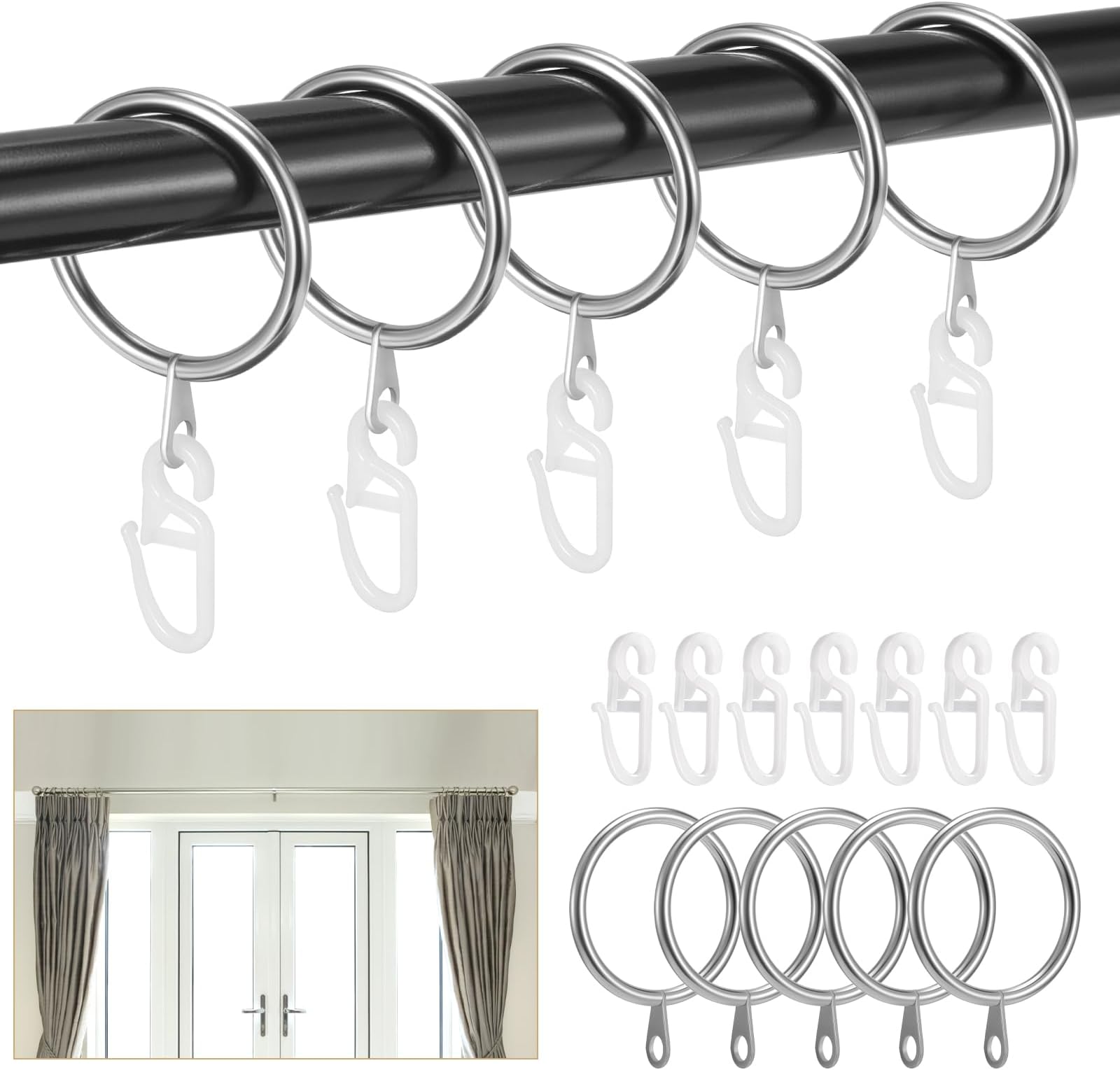 40 Pcs Metal Curtain Rings - Silver Pole Hoops, 32mm ID. Rail Hanging ...