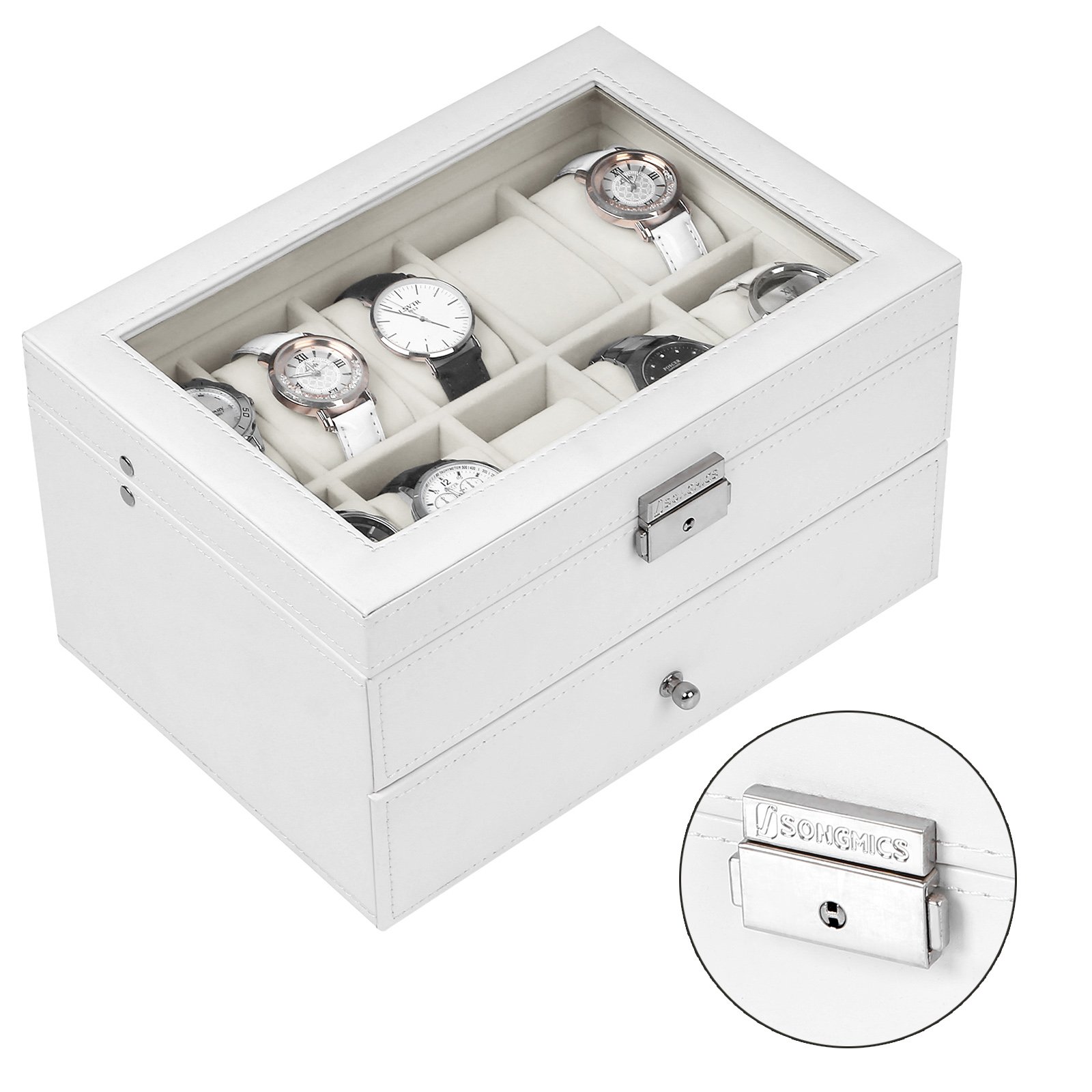 SONGMICS Faux Leather 2 Layers Lockable White Watch Display Storage Box ...