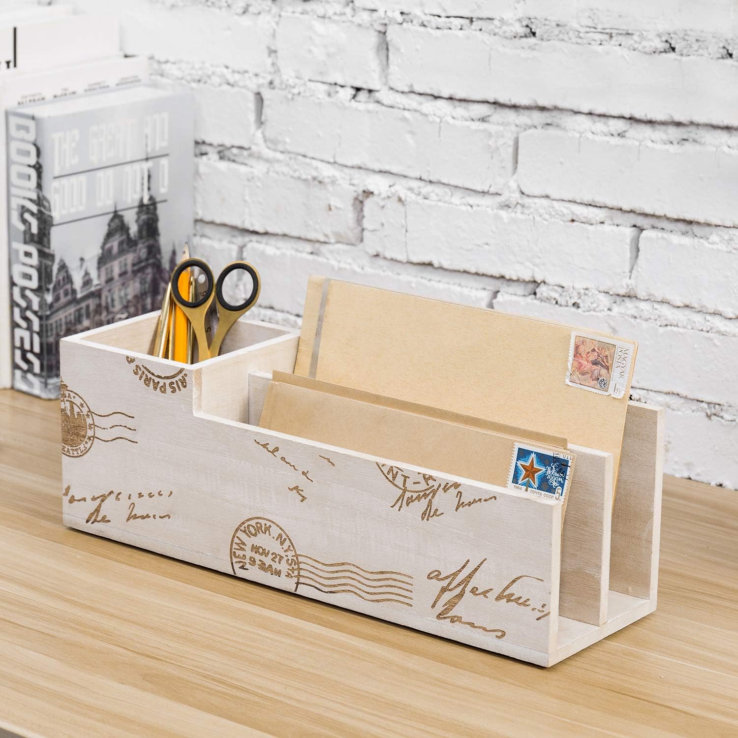 Amazon.com: MyGift 2-Slot Mail Holder, Vintage Stamp Design Office Desk ...