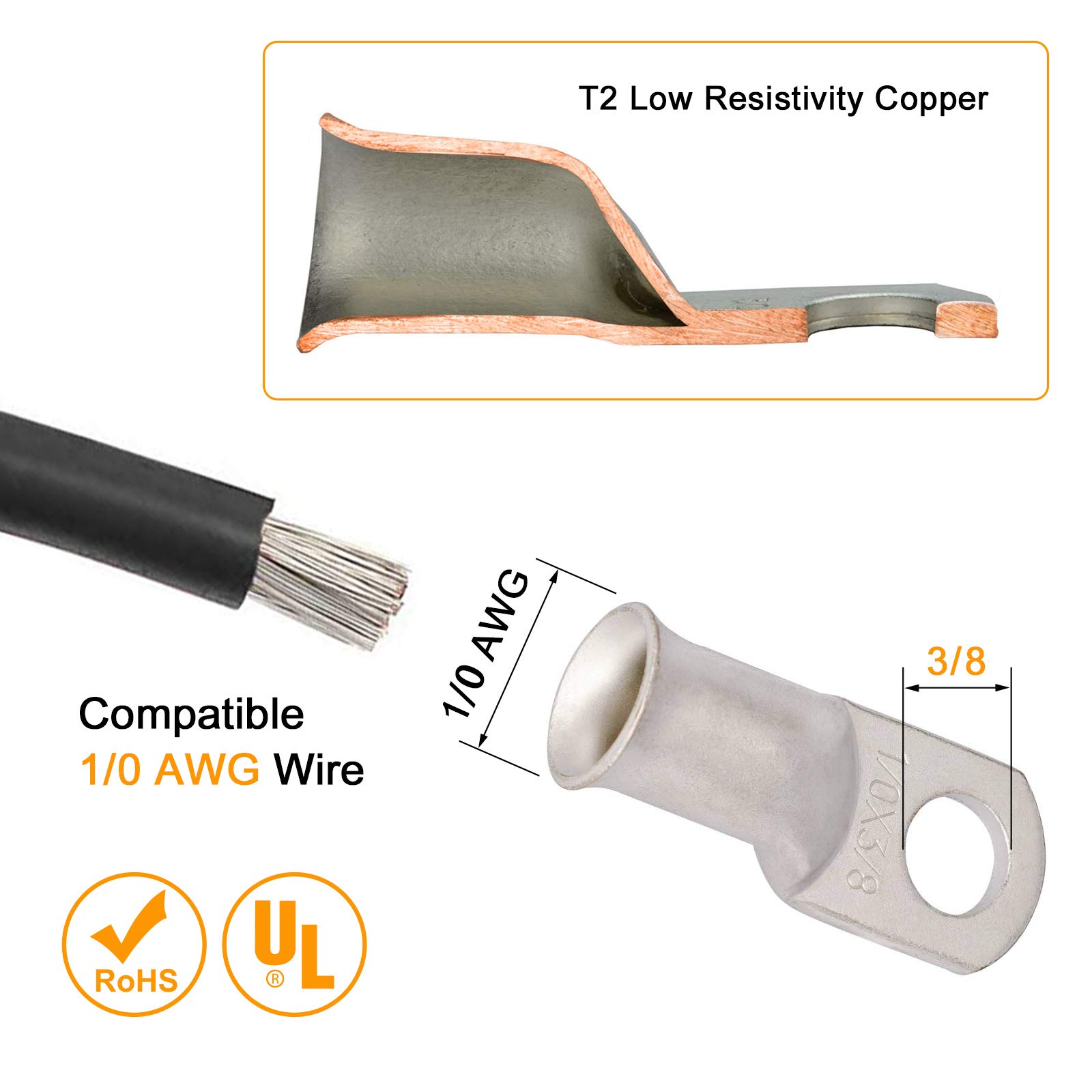 Snapklik.com : 100Tech Copper 0 Gauge Ring Terminals, 1/0 AWG-3/8 & 1/0 ...