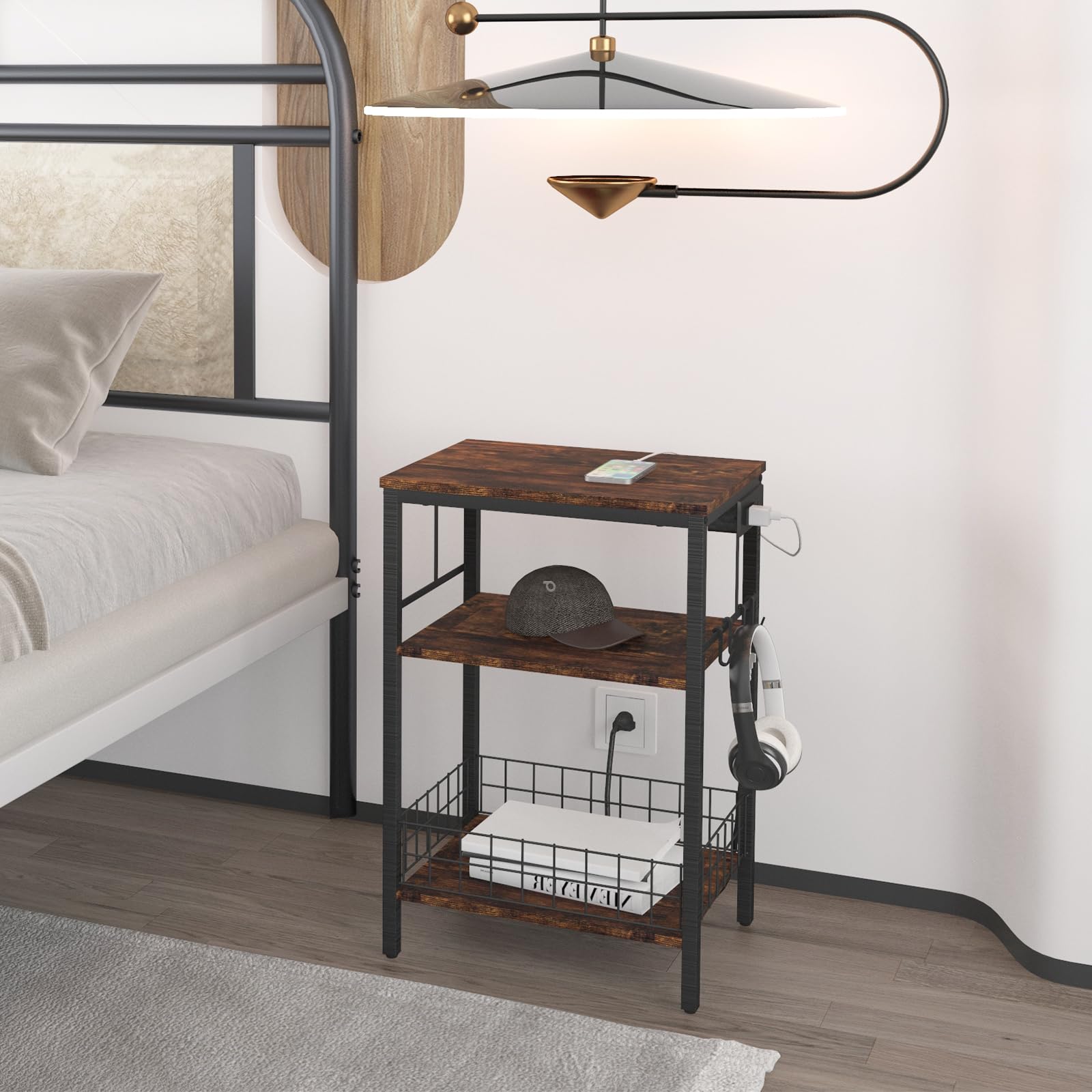 End Table with Charging Station and USB Ports, 3-Tier Table Shelf with ...