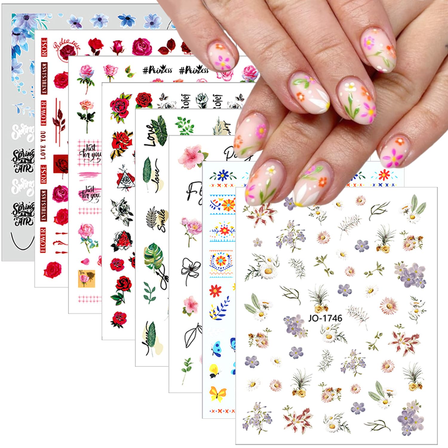 Amazon.com: 8 Sheets Flower Nail Art Stickers Colorful Floral Nail ...