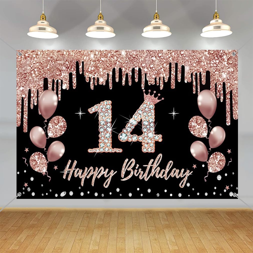 14th Birthday Decorations for Girl, Happy 14 Years Old Backdrop Banner ...