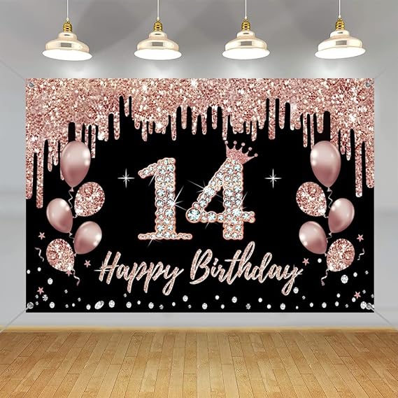 14th Birthday Decorations for Girl, Happy 14 Years Old Backdrop Banner ...