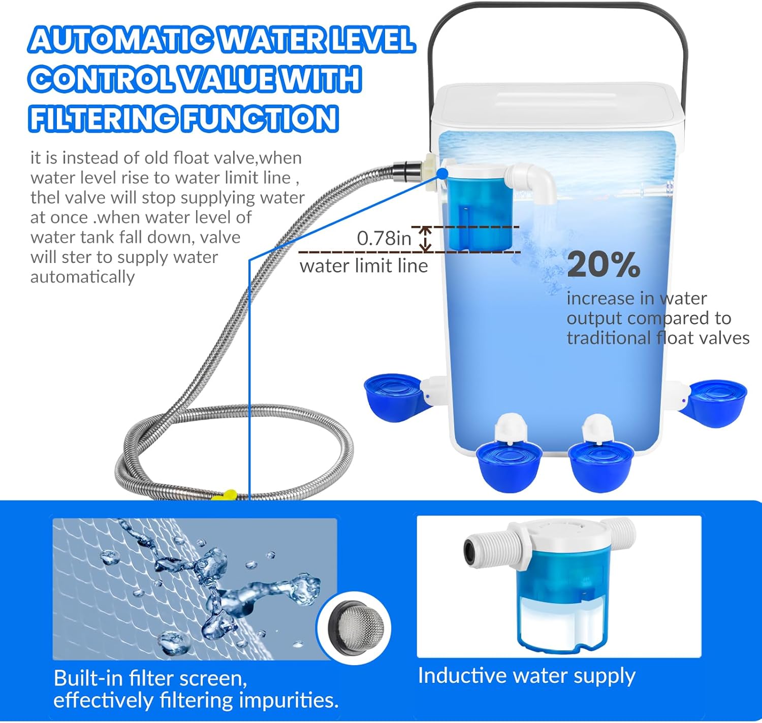 4 Drinking Cups Waterer 2-Gallon Automatic Chicken Waterer With Float ...