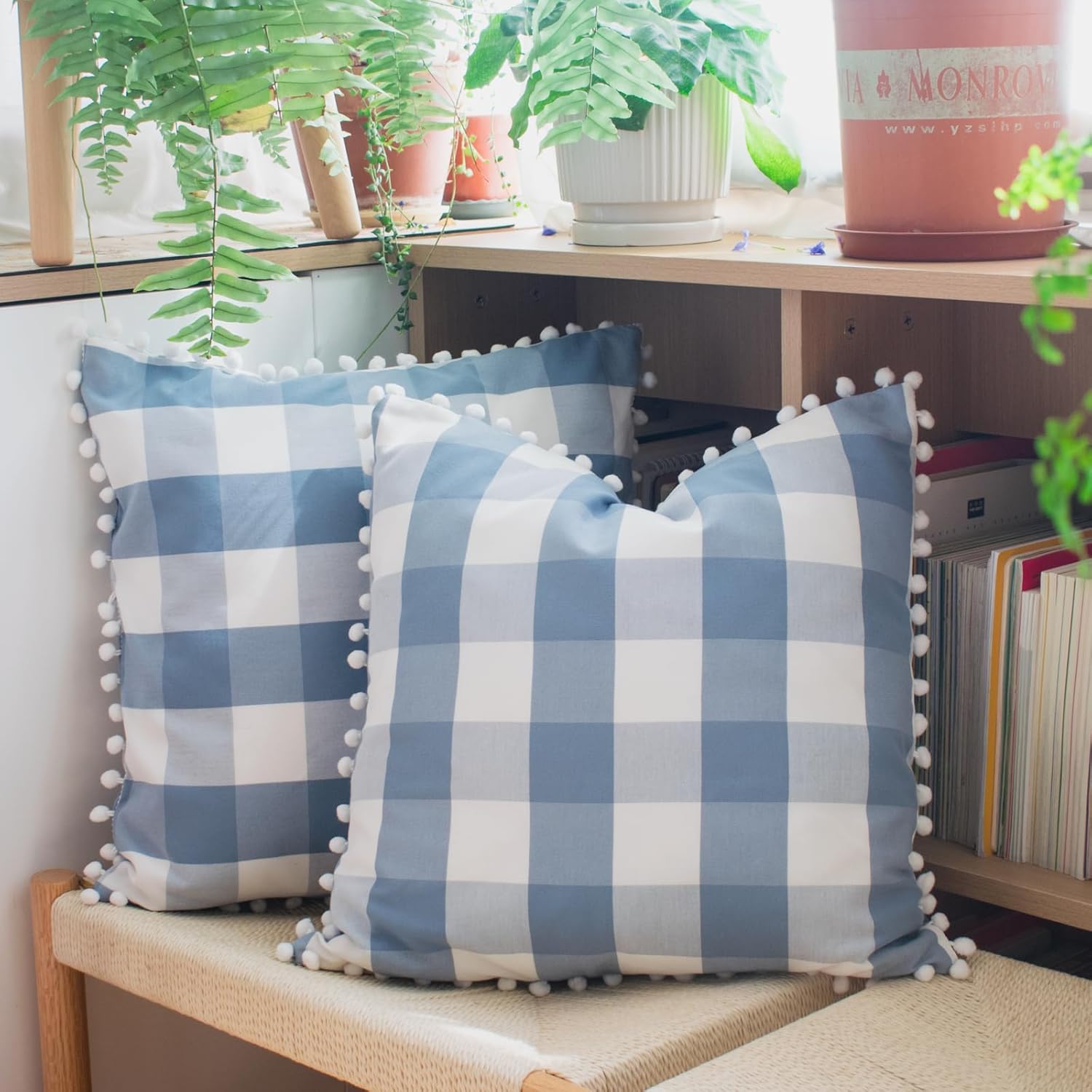Amazon.com: HOPLEE Light Blue Pillow Covers 16x16 Farmhouse Buffalo ...