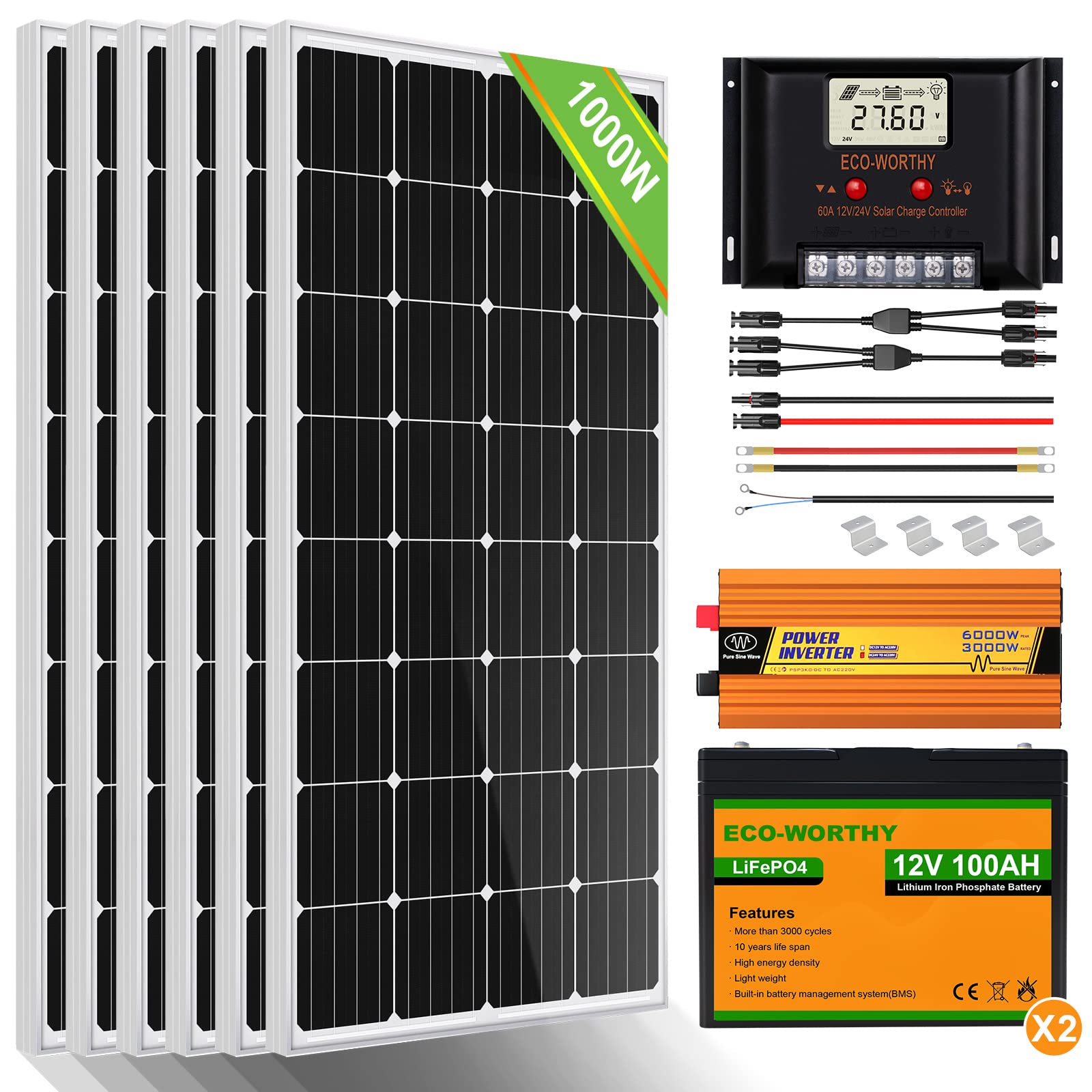 Buy ECO-WORTHY 1000W 24V Solar Power System with Battery and Inverter ...