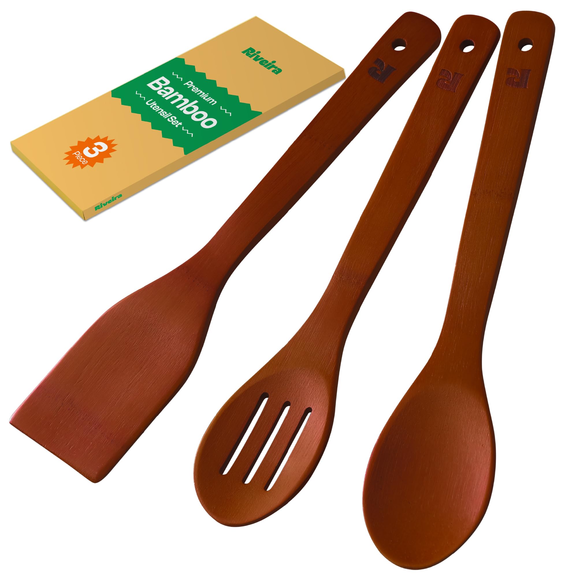 Amazon.com: Riveira Premium Brown Bamboo Wooden Spoons for Cooking Set ...