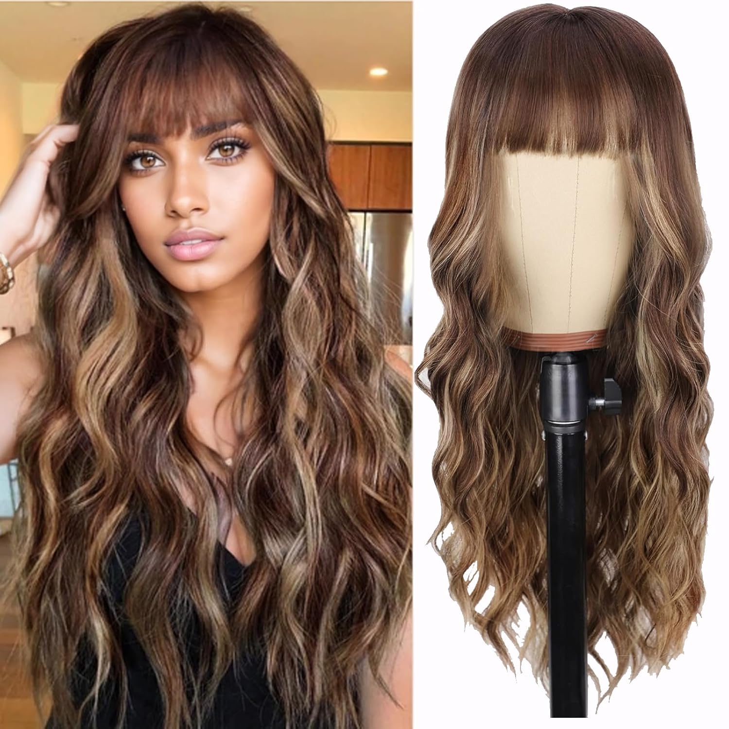 Amazon.com : NOSTALGIA Long Brown Wigs with Bangs 26 Inches Curly Wavy Wig for Women Brown Mixed ...