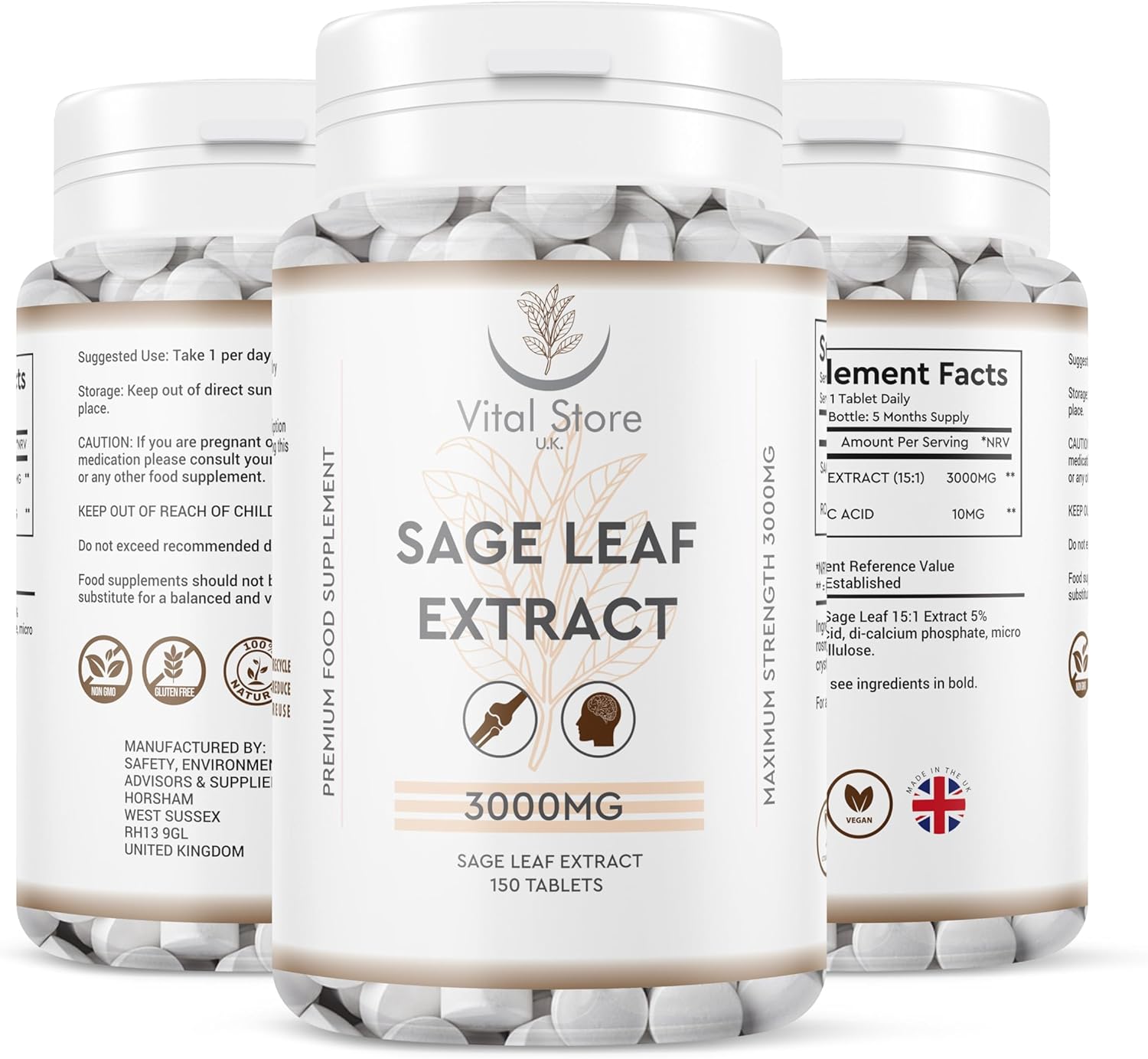 Sage Leaf Extract 3000MG - 5 Month Vegan Supply - for Hot Flushes ...
