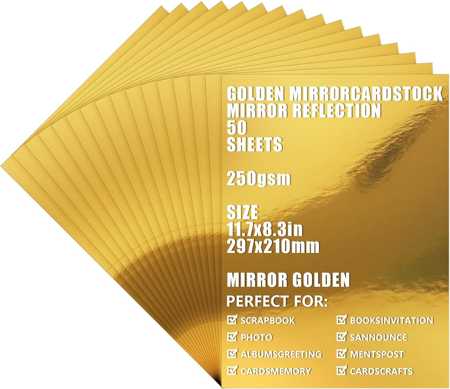 ASelected 50 Sheets Gold Mirror Card A4 250gsm/92Ib Metallic for Arts ...