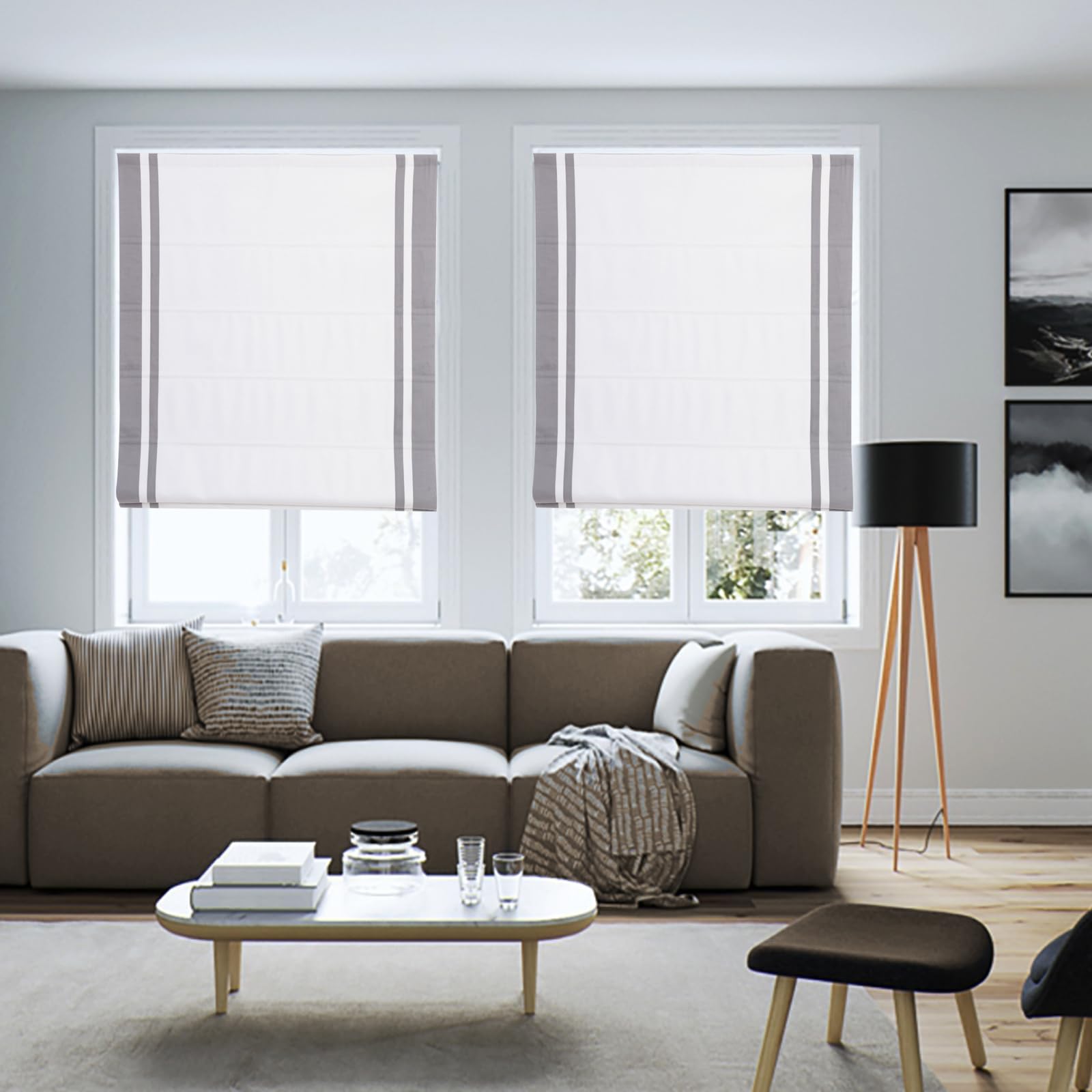 Amazon.com: Cordless Roman Shades with Ribbon Border, Grey White ...