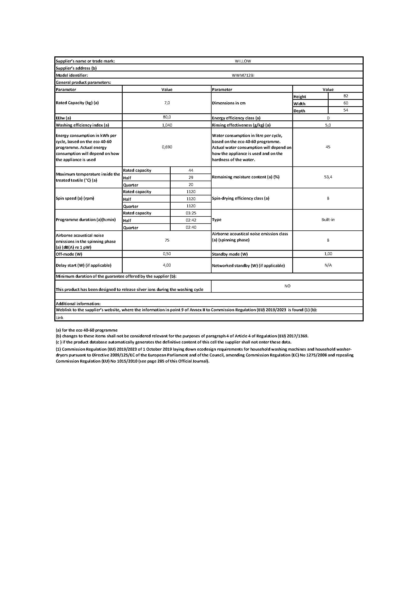 Willow WWM712BI 7kg 1200 RPM Integrated Washing Machine with Aquaball ...