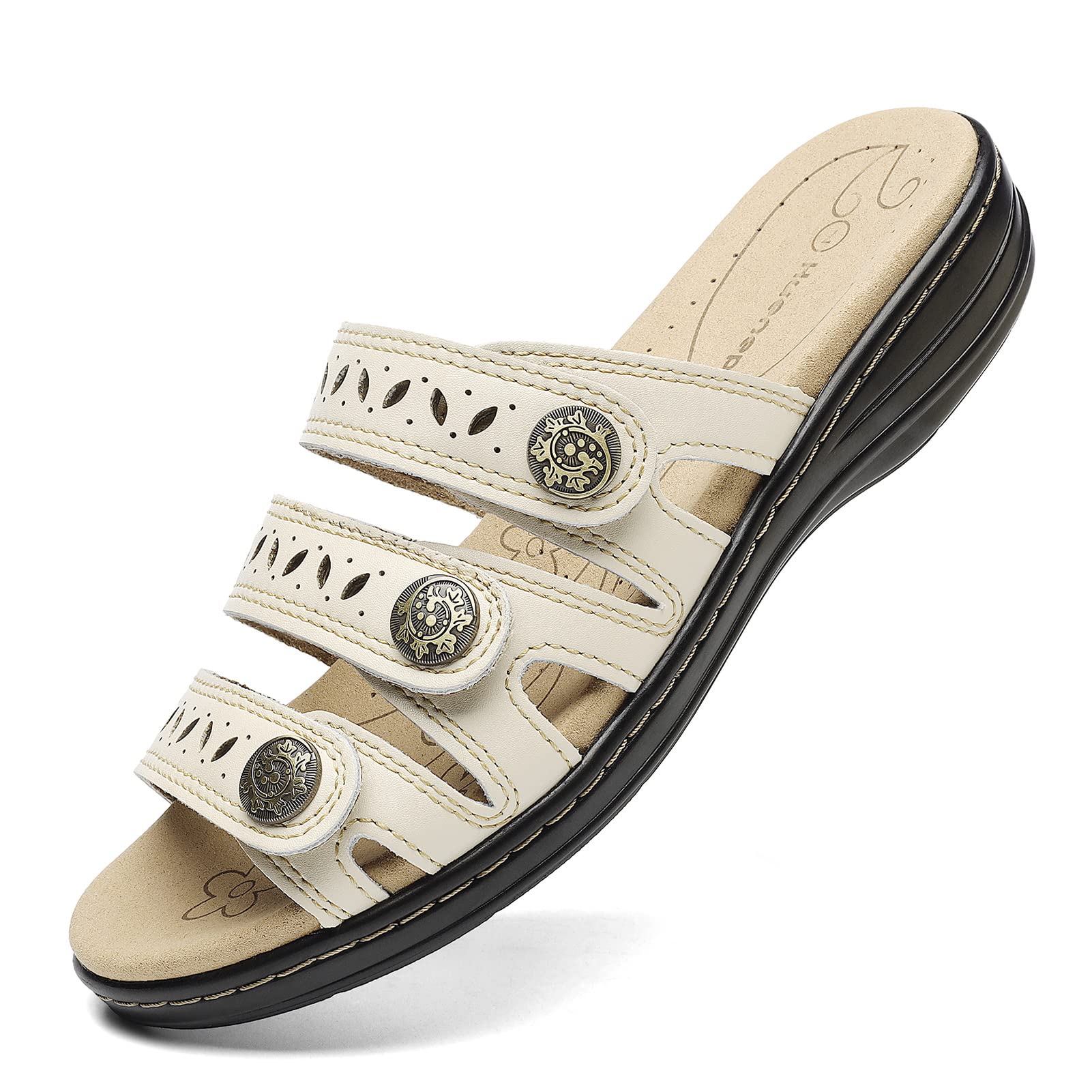 Amazon.com | Hueneph Women's Comfort Leather Slides Lightweight Flat ...