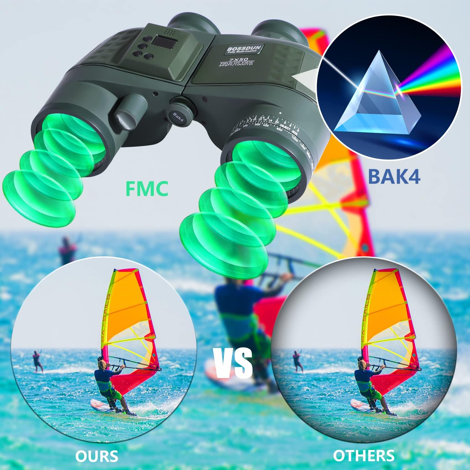 7×50 Professional Marine Binoculars for adults with Compass ...