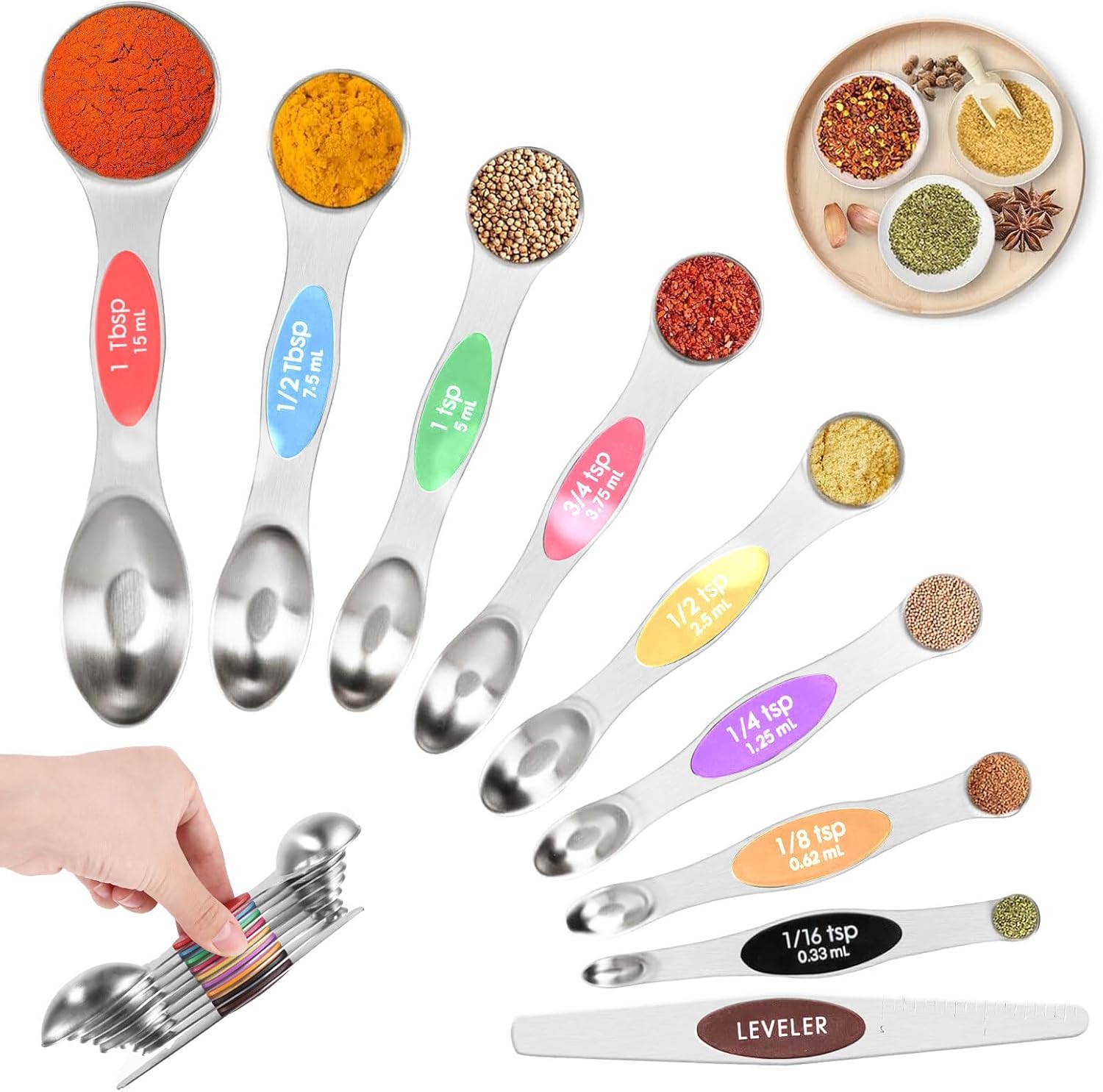 XiangSKY Magnetic Measuring Spoons Set of 9,Dual Sided Stainless Steel ...
