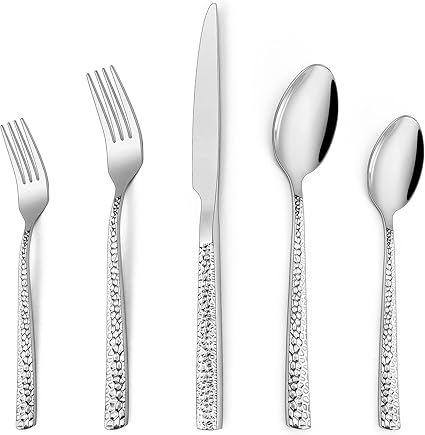 Amazon.com | Hammered Silverware Set, 60 Pieces Stainless Steel Square ...