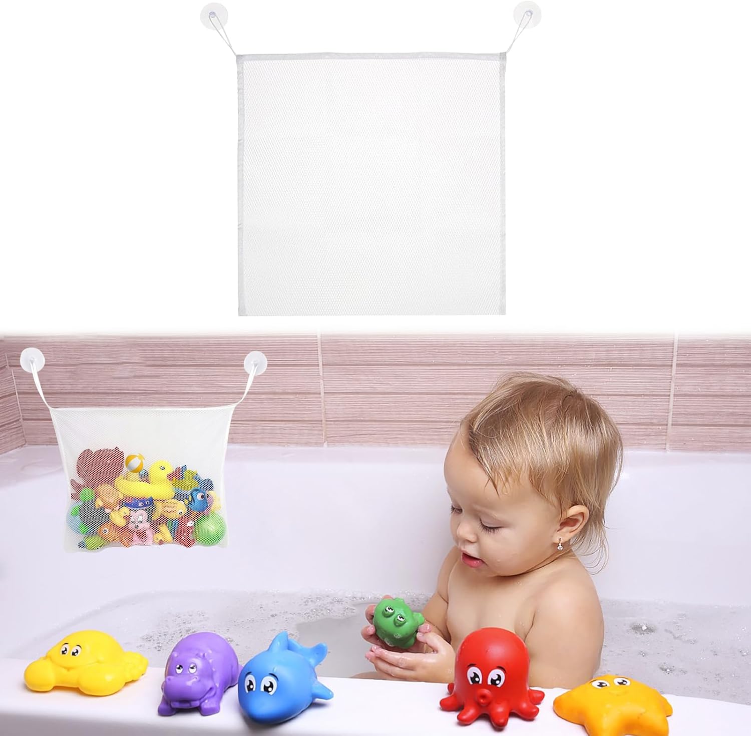 1Pcs Bath Toy Storage Organiser with 2Pcs Suction Cups Mesh Bath Net ...